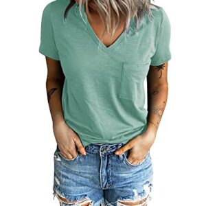 Sunborui Women's Summer Short Sleeve V Neck T Shirts Pocket Solid Loose Casual Tee Tops (Light Green,Medium)