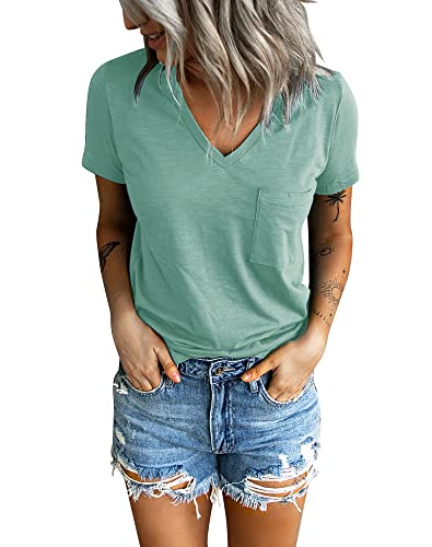 Sunborui Women's Summer Short Sleeve V Neck T Shirts Pocket Solid Loose Casual Tee Tops (Light Green,Medium)