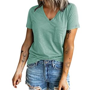 Sunborui Women's Summer Short Sleeve V Neck T Shirts Pocket Solid Loose Casual Tee Tops (Light Green,Medium)