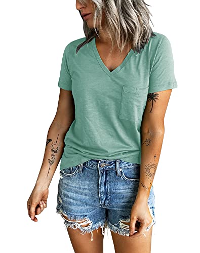 Sunborui Women's Summer Short Sleeve V Neck T Shirts Pocket Solid Loose Casual Tee Tops (Light Green,Medium)