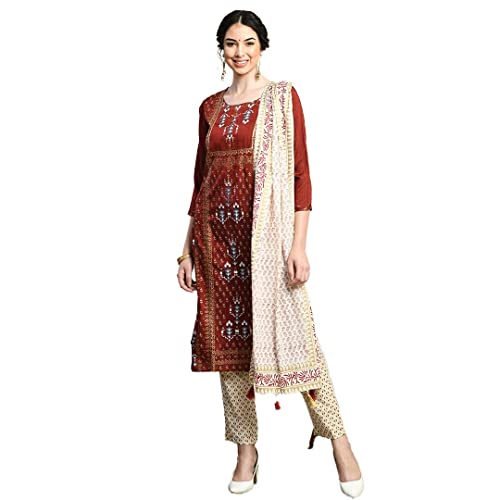 Lagi Women Straight Printed 3/4 Sleeves Rayon Kurti Pant and Dupatta Set, Rust [M]