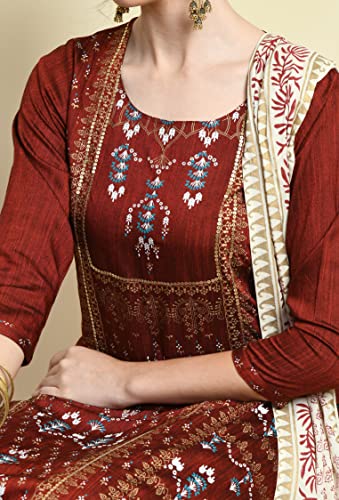 Lagi Women Straight Printed 3/4 Sleeves Rayon Kurti Pant and Dupatta Set, Rust [M]