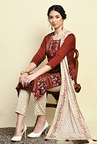 Lagi Women Straight Printed 3/4 Sleeves Rayon Kurti Pant and Dupatta Set, Rust [M]