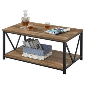 FOLUBAN Rustic Coffee Table with Storage Shelf, Vintage Wood and Metal Cocktail Table for Living Room, Oak