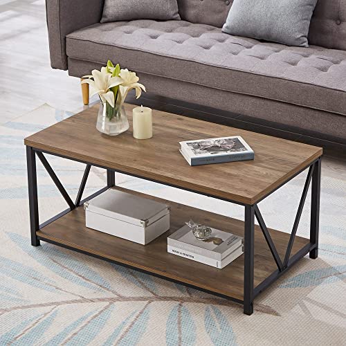 FOLUBAN Rustic Coffee Table with Storage Shelf, Vintage Wood and Metal Cocktail Table for Living Room, Oak