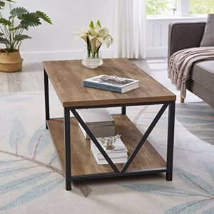 FOLUBAN Rustic Coffee Table with Storage Shelf, Vintage Wood and Metal Cocktail Table for Living Room, Oak