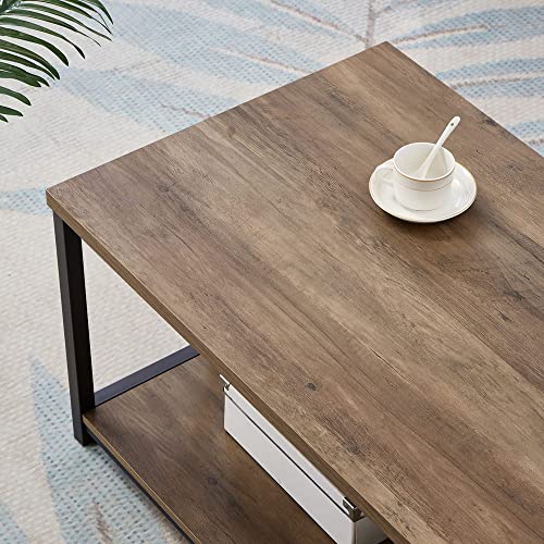 FOLUBAN Rustic Coffee Table with Storage Shelf, Vintage Wood and Metal Cocktail Table for Living Room, Oak