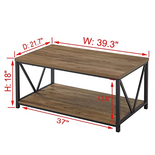 FOLUBAN Rustic Coffee Table with Storage Shelf, Vintage Wood and Metal Cocktail Table for Living Room, Oak