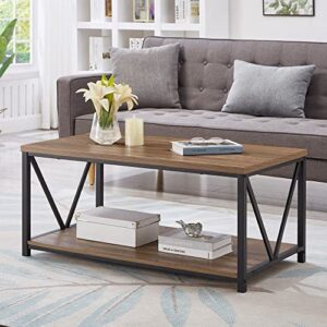 FOLUBAN Rustic Coffee Table with Storage Shelf, Vintage Wood and Metal Cocktail Table for Living Room, Oak