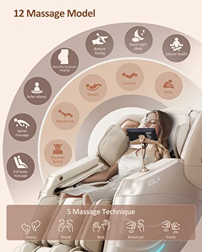 RELX Massage Chair Full Body Zero Gravity SL-Track Shiatsu Massage Chair, 12 Modes, Airbag Massage, with Yoga Stretch, Foot Massage, AI Control（Cream）