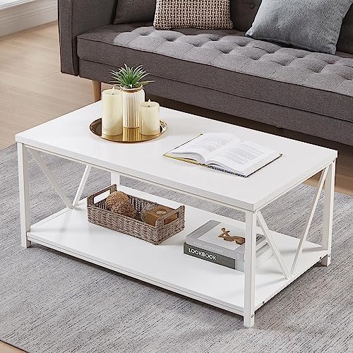 EXCEFUR Rustic Coffee Table, Modern Living Room Table with Storage Shelf, White Oak