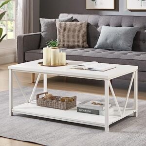 EXCEFUR Rustic Coffee Table, Modern Living Room Table with Storage Shelf, White Oak