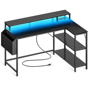 praisun l shaped gaming desk with led lights and power outlets, reversible computer desk with storage bag and monitor shelves, large leg room home office desk, corner gaming desk, black