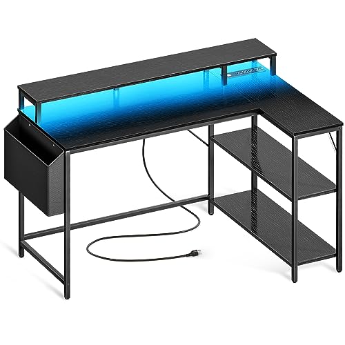 PRAISUN L Shaped Gaming Desk with LED Lights and Power Outlets, Reversible Computer Desk with Storage Bag and Monitor Shelves, Large Leg Room Home Office Desk, Corner Gaming Desk, Black