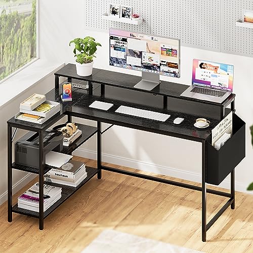 PRAISUN L Shaped Gaming Desk with LED Lights and Power Outlets, Reversible Computer Desk with Storage Bag and Monitor Shelves, Large Leg Room Home Office Desk, Corner Gaming Desk, Black