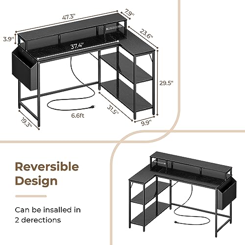 PRAISUN L Shaped Gaming Desk with LED Lights and Power Outlets, Reversible Computer Desk with Storage Bag and Monitor Shelves, Large Leg Room Home Office Desk, Corner Gaming Desk, Black