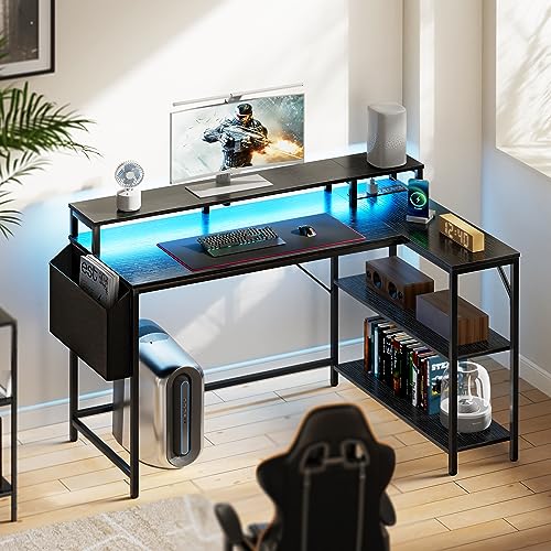 PRAISUN L Shaped Gaming Desk with LED Lights and Power Outlets, Reversible Computer Desk with Storage Bag and Monitor Shelves, Large Leg Room Home Office Desk, Corner Gaming Desk, Black