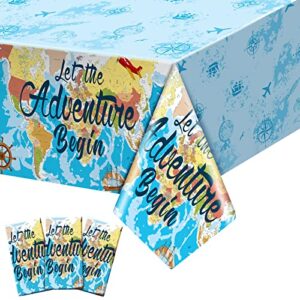 frienda 3 pcs adventure awaits tablecloth bon voyage world map tablecloth plastic adventure disposable table cover for travel retirement wedding graduation, 108 x 54 inches, blue