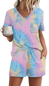 rubzoof pajama sets for women tie-dye casual soft short sleeve summer lounge sets sleepwear tie-dye-b xl