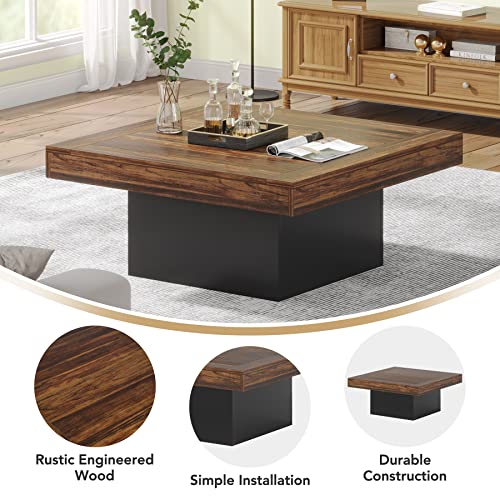 LITTLE TREE Farmhouse Square LED Engineered Wood Living Room Rustic Low Coffee Tables, Black & Brown