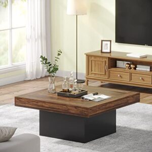 LITTLE TREE Farmhouse Square LED Engineered Wood Living Room Rustic Low Coffee Tables, Black & Brown