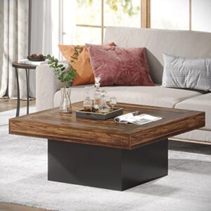 LITTLE TREE Farmhouse Square LED Engineered Wood Living Room Rustic Low Coffee Tables, Black & Brown