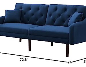 ERYE Modern Velvet Upholstered Futon Sofa with 2 Pillows,72.8” Soft Loveseat Convertible Sleeper Couch Bed for Apartment Office Small Space Living Room Furniture Sets,Sofa & Couch, Blue