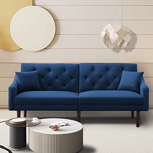 ERYE Modern Velvet Upholstered Futon Sofa with 2 Pillows,72.8” Soft Loveseat Convertible Sleeper Couch Bed for Apartment Office Small Space Living Room Furniture Sets,Sofa & Couch, Blue