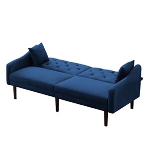 ERYE Modern Velvet Upholstered Futon Sofa with 2 Pillows,72.8” Soft Loveseat Convertible Sleeper Couch Bed for Apartment Office Small Space Living Room Furniture Sets,Sofa & Couch, Blue