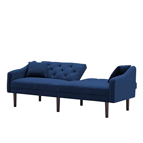 ERYE Modern Velvet Upholstered Futon Sofa with 2 Pillows,72.8” Soft Loveseat Convertible Sleeper Couch Bed for Apartment Office Small Space Living Room Furniture Sets,Sofa & Couch, Blue