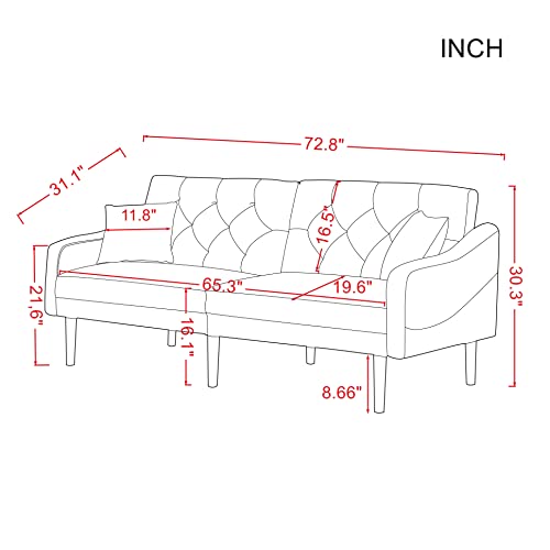 ERYE Modern Velvet Upholstered Futon Sofa with 2 Pillows,72.8” Soft Loveseat Convertible Sleeper Couch Bed for Apartment Office Small Space Living Room Furniture Sets,Sofa & Couch, Blue