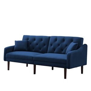 ERYE Modern Velvet Upholstered Futon Sofa with 2 Pillows,72.8” Soft Loveseat Convertible Sleeper Couch Bed for Apartment Office Small Space Living Room Furniture Sets,Sofa & Couch, Blue