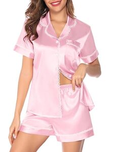 swomog family pjs matching sets satin womens pajama sets silk pjs 2 piece short sleeves lace button up pj silky loungewear pink