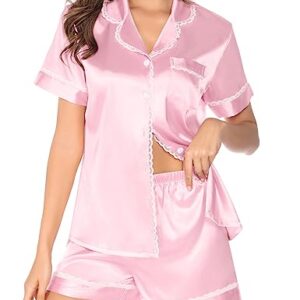 SWOMOG Family Pjs Matching Sets Satin Womens Pajama Sets Silk Pjs 2 Piece Short Sleeves Lace Button Up Pj Silky Loungewear Pink