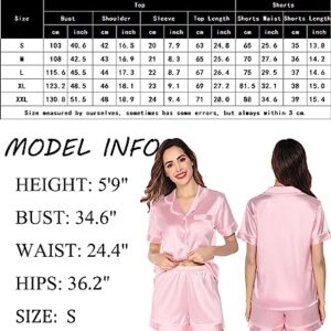 SWOMOG Family Pjs Matching Sets Satin Womens Pajama Sets Silk Pjs 2 Piece Short Sleeves Lace Button Up Pj Silky Loungewear Pink