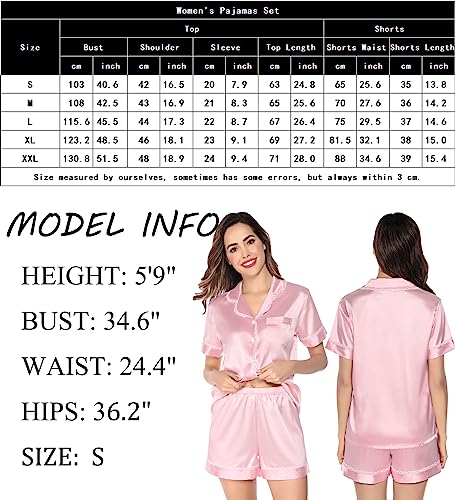 SWOMOG Family Pjs Matching Sets Satin Womens Pajama Sets Silk Pjs 2 Piece Short Sleeves Lace Button Up Pj Silky Loungewear Pink