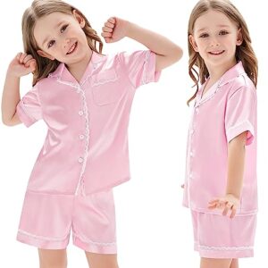 SWOMOG Family Pjs Matching Sets Satin Womens Pajama Sets Silk Pjs 2 Piece Short Sleeves Lace Button Up Pj Silky Loungewear Pink