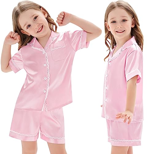 SWOMOG Family Pjs Matching Sets Satin Womens Pajama Sets Silk Pjs 2 Piece Short Sleeves Lace Button Up Pj Silky Loungewear Pink