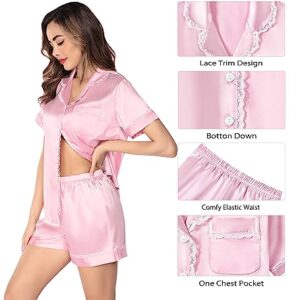 SWOMOG Family Pjs Matching Sets Satin Womens Pajama Sets Silk Pjs 2 Piece Short Sleeves Lace Button Up Pj Silky Loungewear Pink