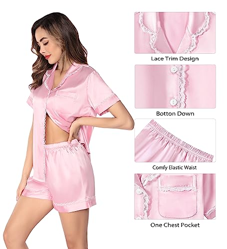 SWOMOG Family Pjs Matching Sets Satin Womens Pajama Sets Silk Pjs 2 Piece Short Sleeves Lace Button Up Pj Silky Loungewear Pink