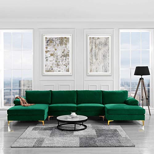 Casa Andrea Milano Modern Large Velvet Fabric U-Shape Sectional Sofa, Double Extra Wide Chaise Lounge Couch with Gold Legs, Green