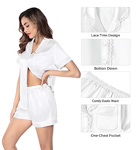 SWOMOG Mommy and Me Pajamas Womens Pajama Sets Satin Silk Pjs 2 Piece Short Sleeves Lace Lounge Shorts Button Up Pj Sleepwear White