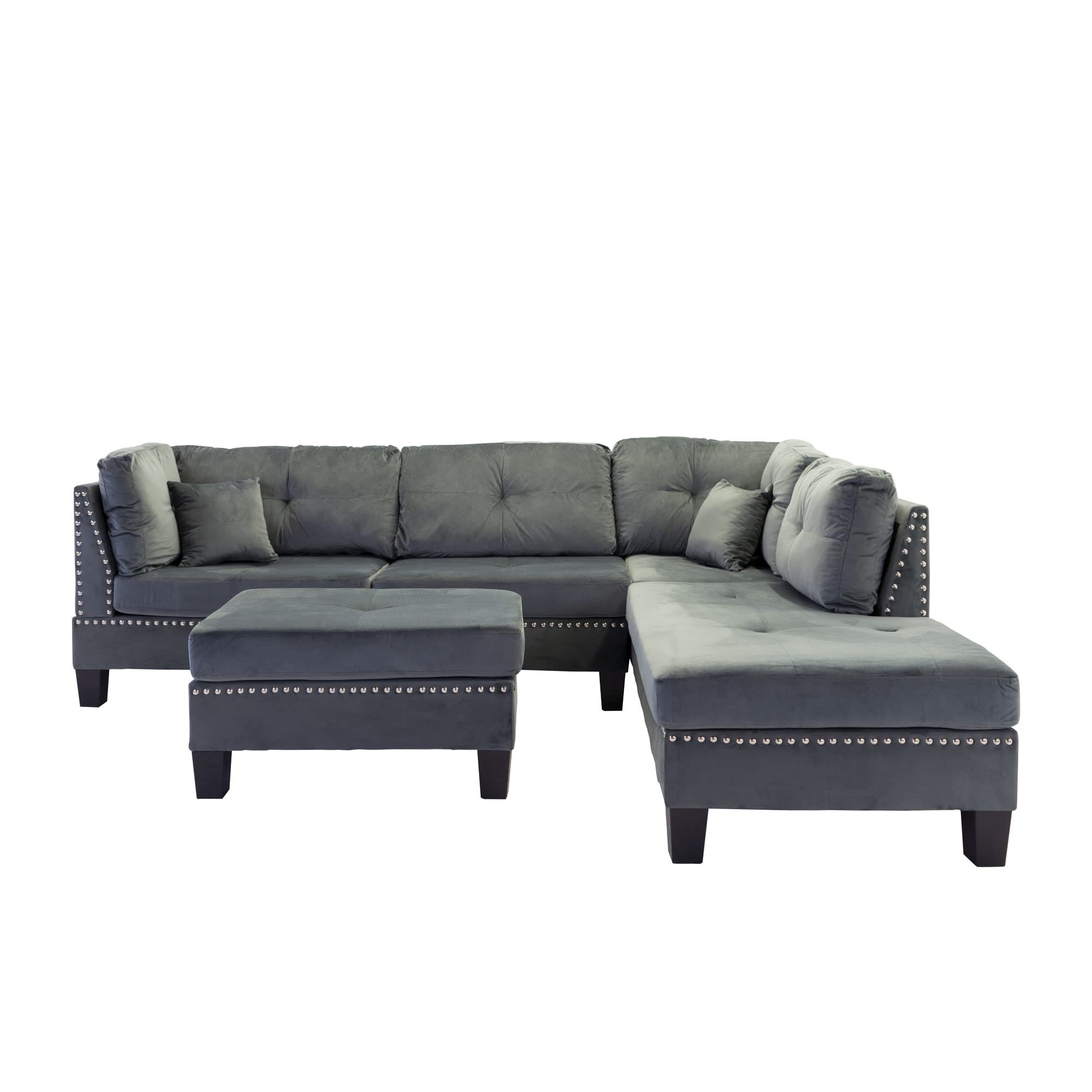 Casa Andrea Milano 3-Piece Velvet with Nailhead Trim Sectional Sofa and Ottoman Set, Large, 78"D x 101"W x 32"H, Dark Grey