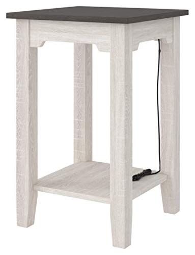 Signature Design by Ashley Dorrinson Farmhouse Coffee Table, Antique White & Brown & Dorrinson Square Chair Side End Table with Lower Fixed Shelf and USB Charging Port, Antique White & Brown