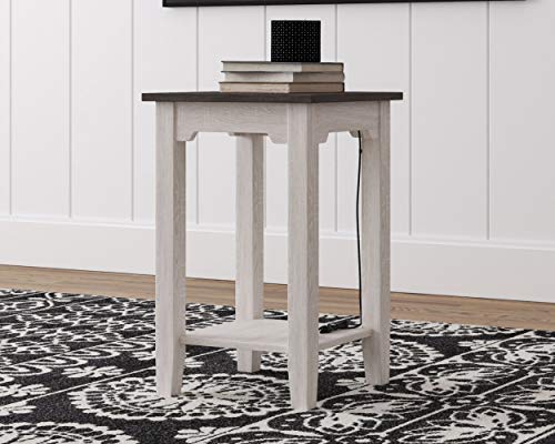 Signature Design by Ashley Dorrinson Farmhouse Coffee Table, Antique White & Brown & Dorrinson Square Chair Side End Table with Lower Fixed Shelf and USB Charging Port, Antique White & Brown