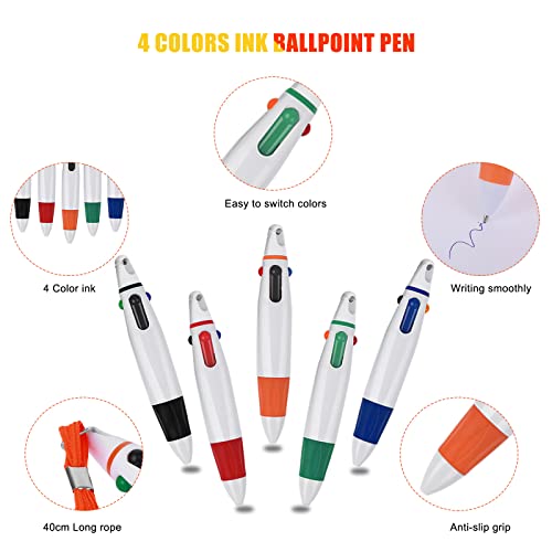 TIESOME Retractable Shuttle Pens with Neck Lanyard, 5 Pieces 4-in-1 Ballpoint Pens Multicolor Pens with Lanyard on Top for Office School Supplies Students Gifts Party Favors