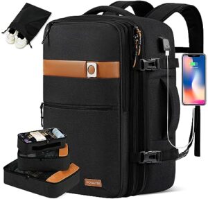 powaiter travel backpack for women men, large expandable carry on backpack flight approved with 4 packing cubes & luggage tag-black