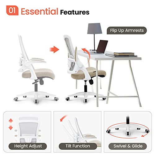 NEO CHAIR High Back Mesh Chair Adjustable Height and Ergonomic Design Home Office Computer Desk Chair Executive Lumbar Support Padded Flip-up Armrest Swivel Chair (Beige)