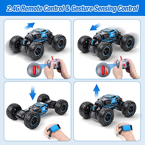 Powerextra Gesture Rc Car, 4WD 2.4GHz Remote Control Car, Double Side Transform Off Road Rc Stunt Car, Two Rechargeable Batteries, 50+ Mins Play Car for 6-12 Year Old Boys & Girls