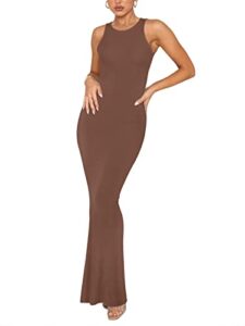 reoria women's summer sexy casual lounge tank long dress elegant wedding guest sleeveless halter neck bodycon maxi dresses coffee medium